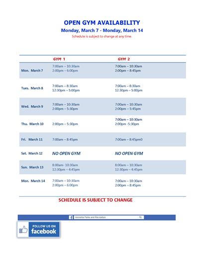 Town of Henrietta Parks and Recreation Department: Open Gym Schedule